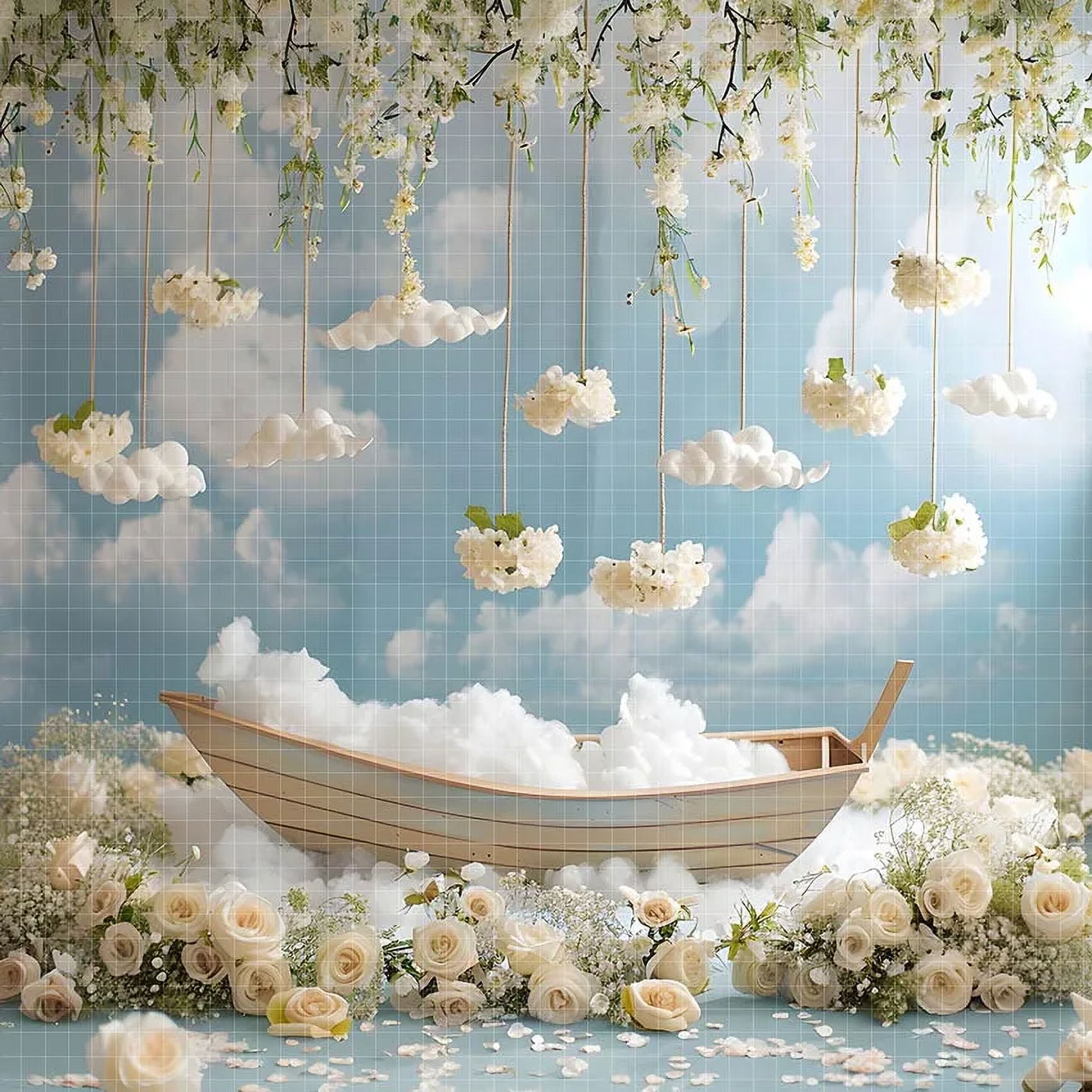 Blue Sky Clouds Floral Boat Newborn Baby Shower Birthday Portrait r ...