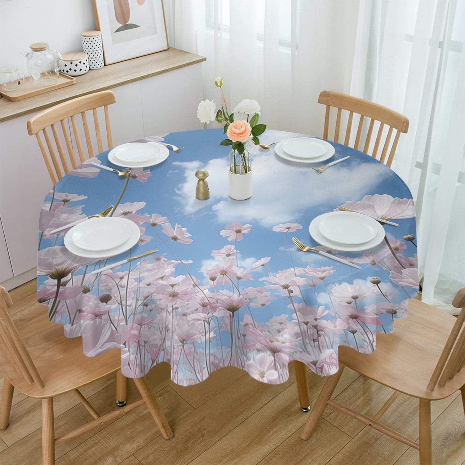 Blue Sky Clouds Flowers Tablecloths for Dining Table Waterproof Round ...