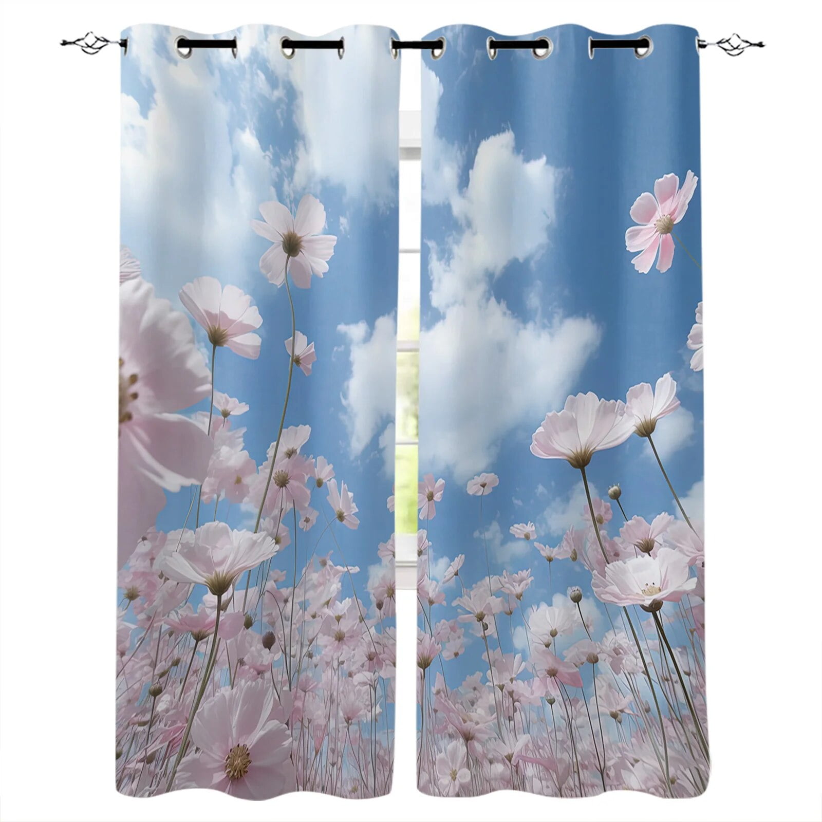 Blue Sky Clouds Flowers Window Curtains for Living Room Bedroom Home ...