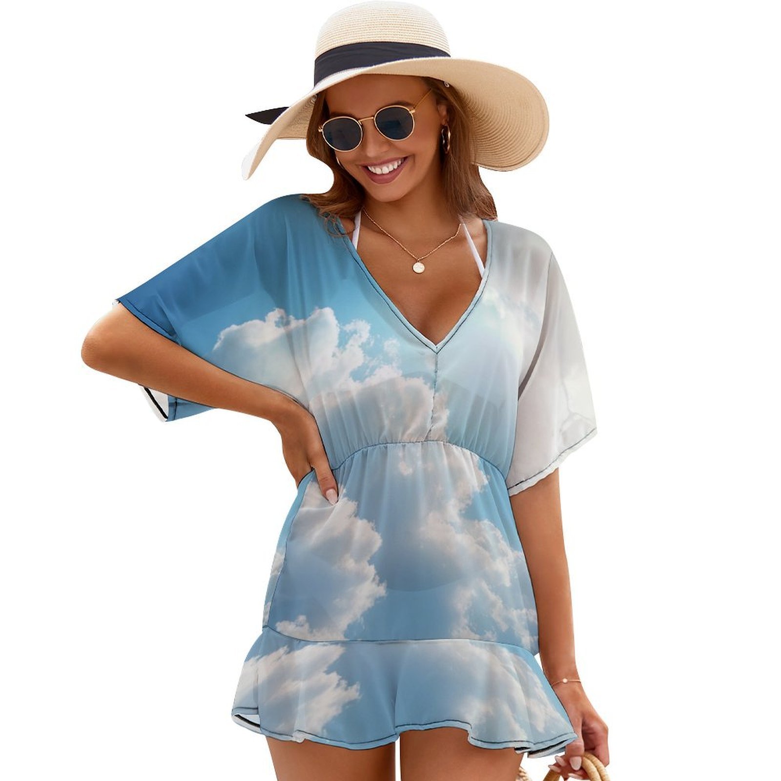 Blue Sky Clouds Print Beach Cover Ups Women V Neck Short Sleeve Dress ...