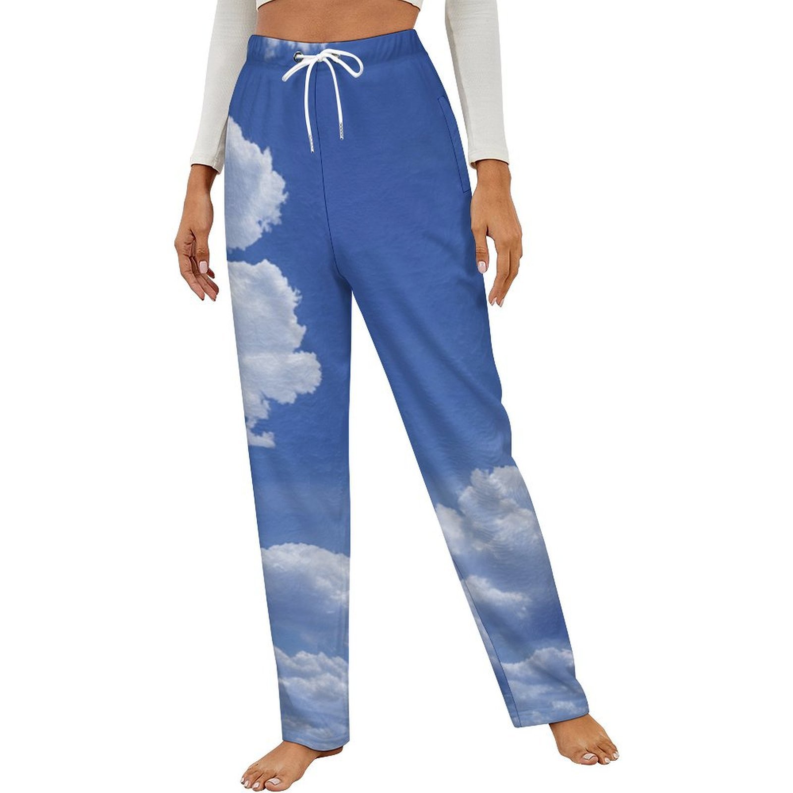 Blue Sky Clouds Print Winter Female Pants Flannel High Waist Women ...