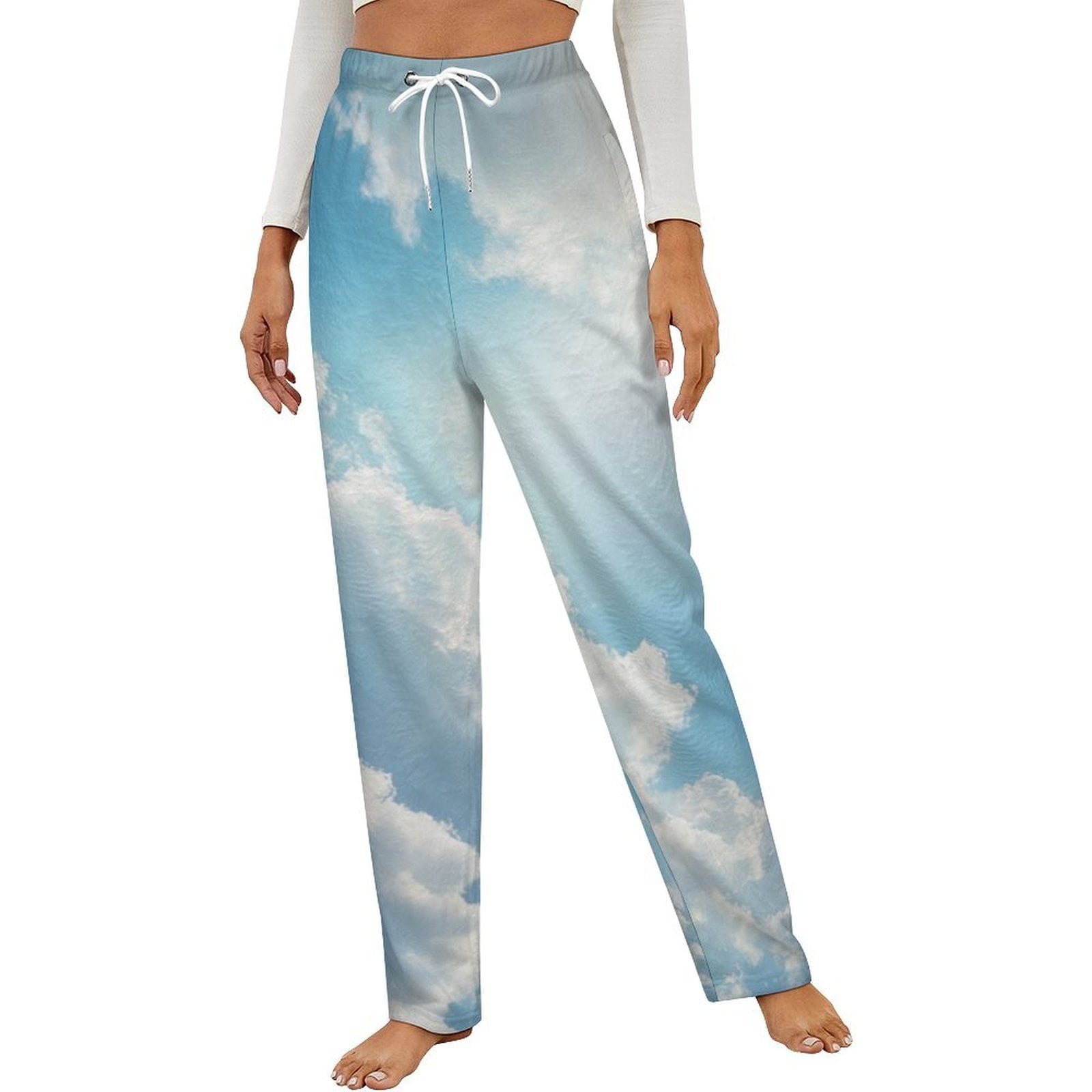 Blue Sky Clouds Print Winter Female Pants Flannel High Waist Women ...