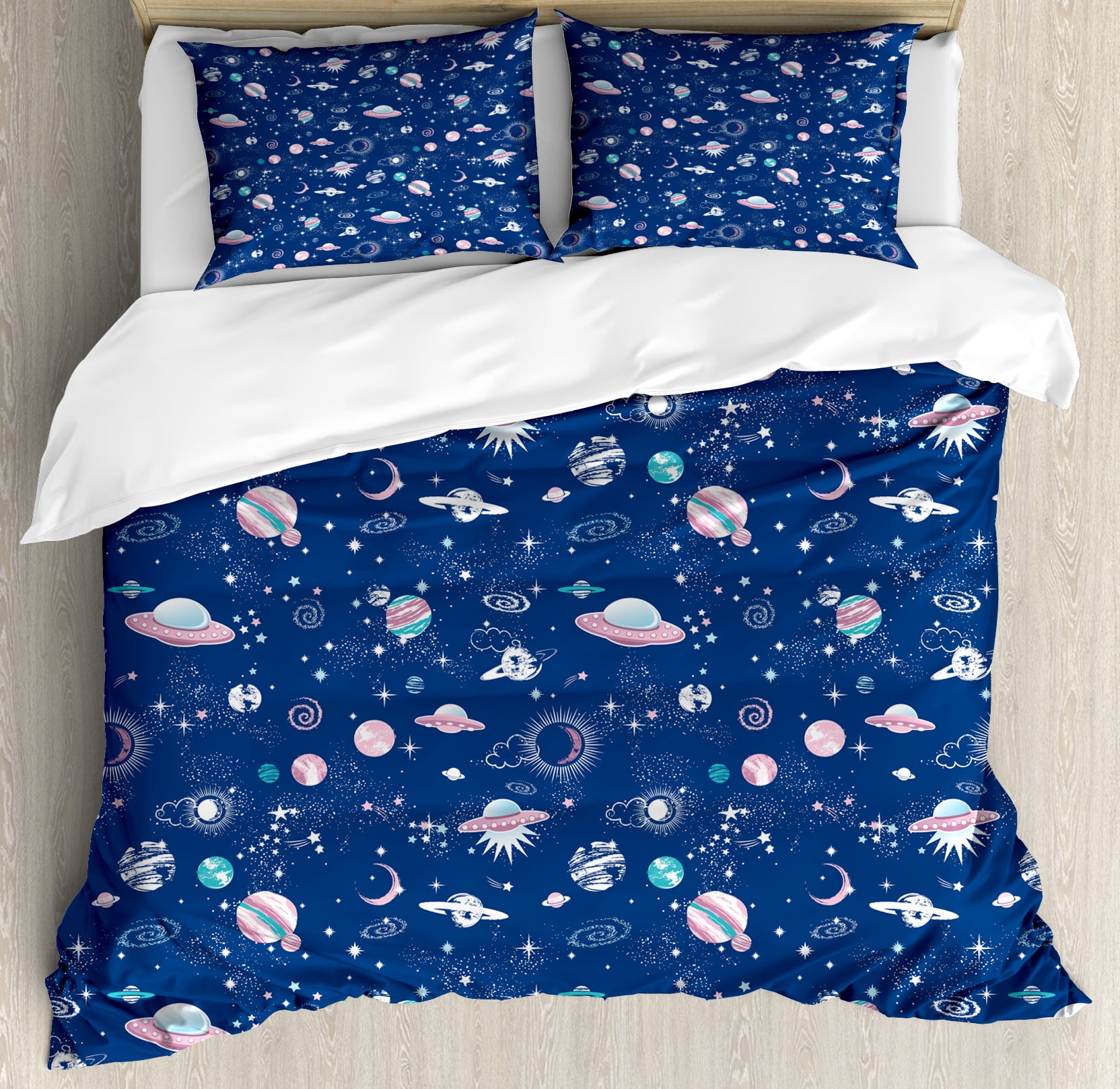 Blue Sky Duvet Cover Set, Abstract Saturn UFO Aliens Galaxy Planets ...