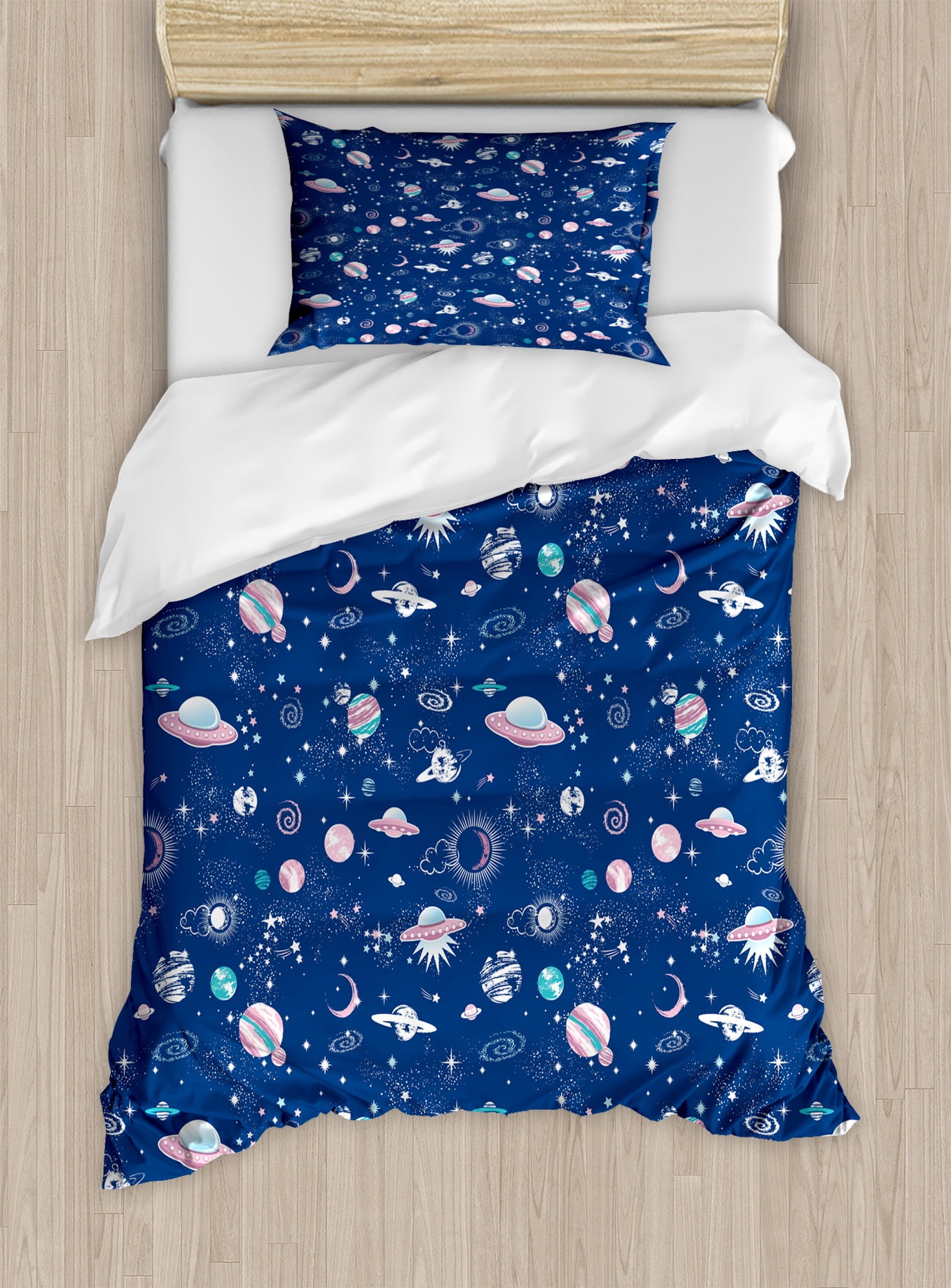 Blue Sky Duvet Cover Sets, Abstract Saturn UFO Aliens Galaxy Planets ...