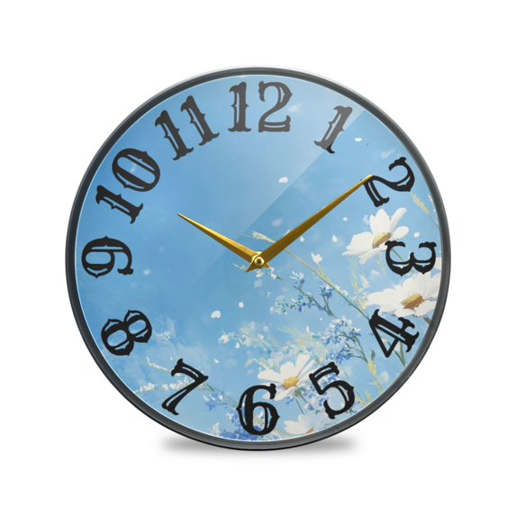Blue Sky Flowers Wall Clock 10 Inch Silent Non Ticking Battery Operated ...