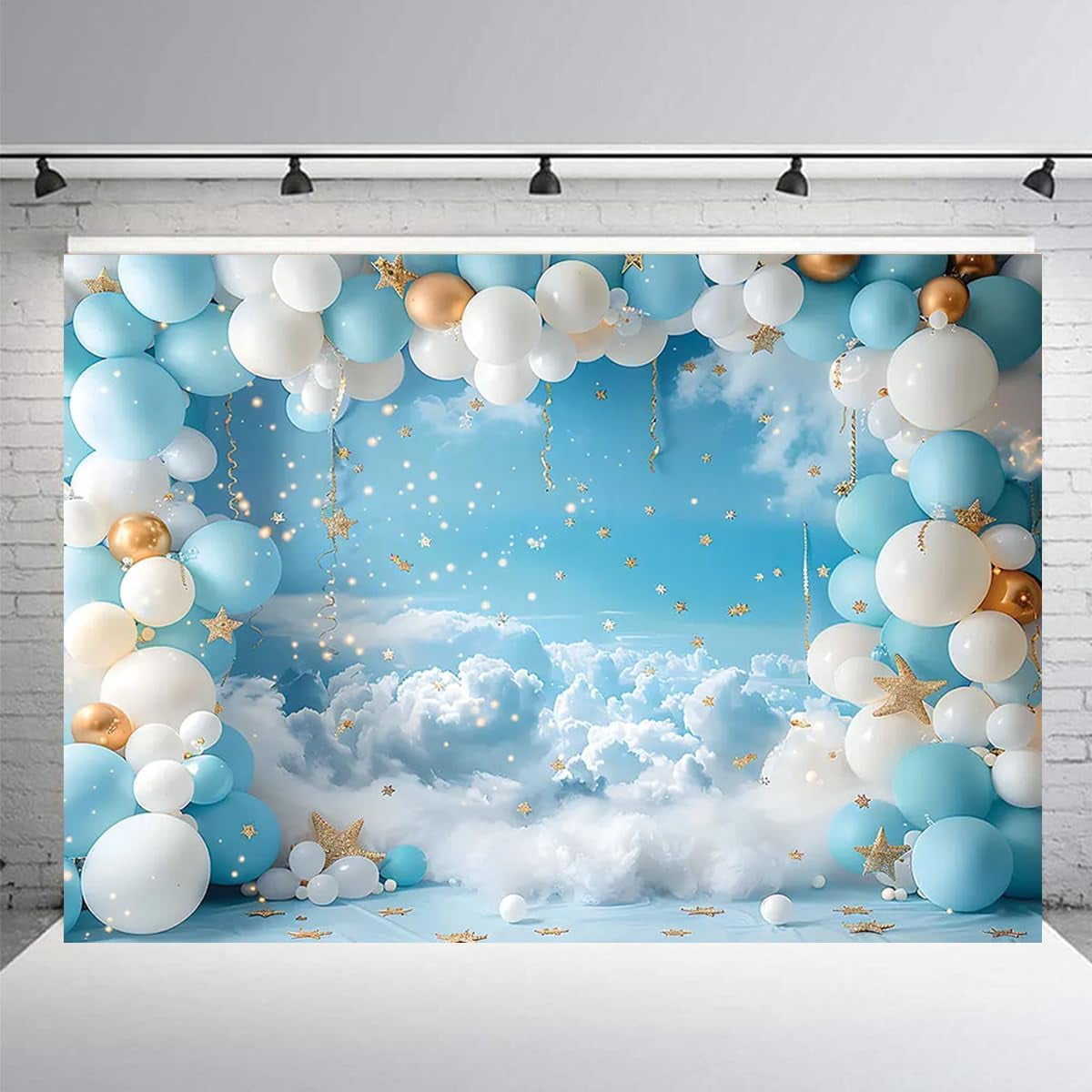 Blue Sky Golden Stars Baby Shower Backdrop for Photography Balloon ...