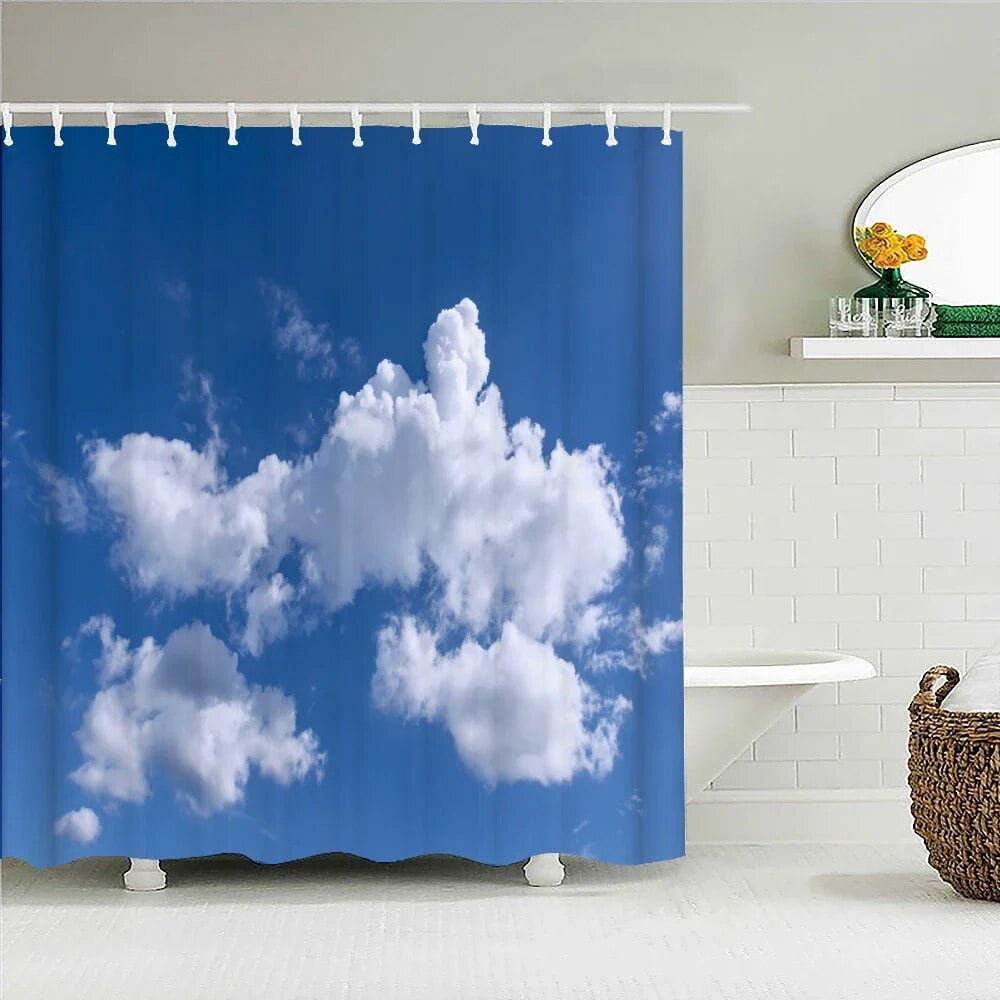 Blue Sky Grassland Clouds Scenery Shower Curtain Waterproof Bathroom ...