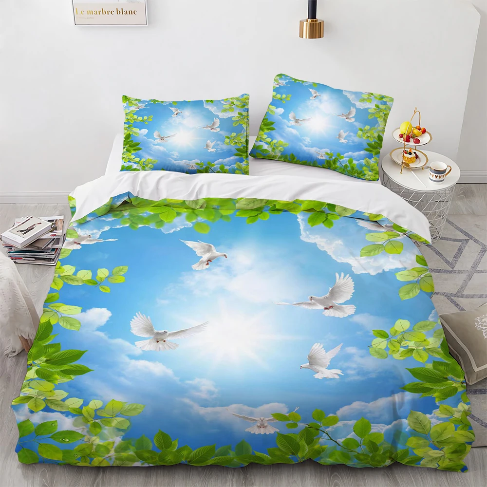 Blue Sky King Duvet Cover Pink Flowers White Flying Bird Bedding Set ...
