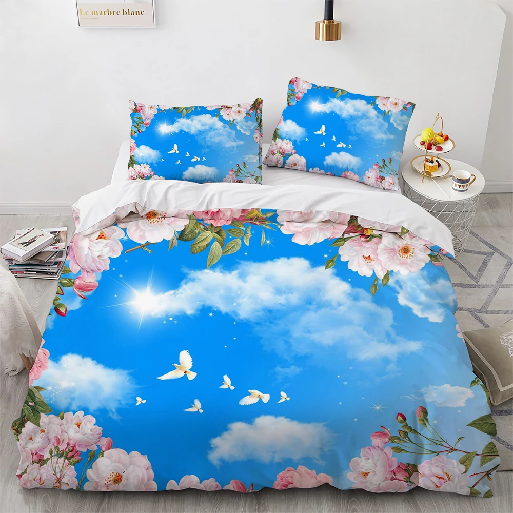 Blue Sky King Duvet Cover Pink Flowers White Flying Bird Bedding Set ...