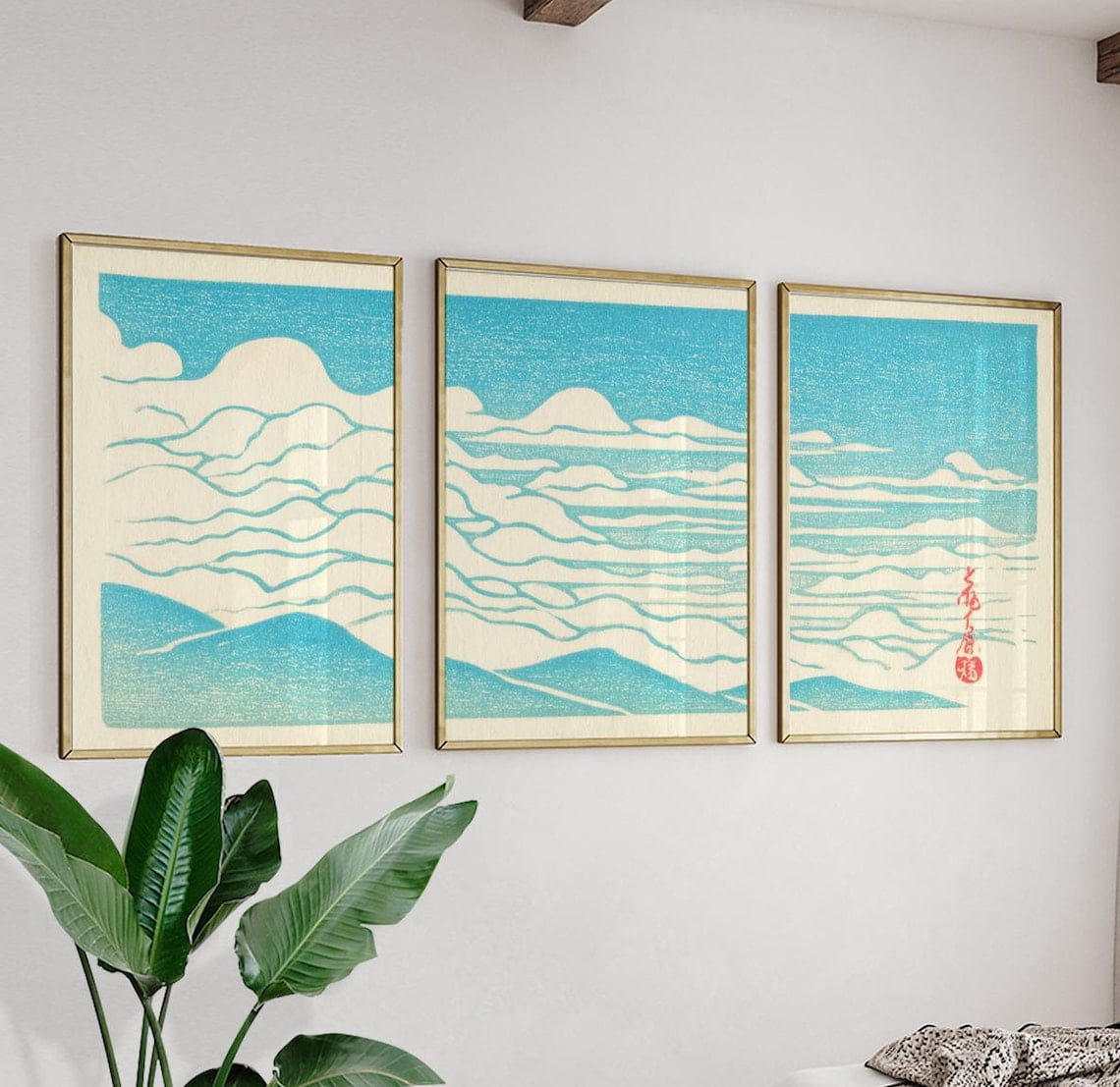 Blue Sky Landscape Japanese Style Cloud Modern Triptych Decor Art Set 3 ...