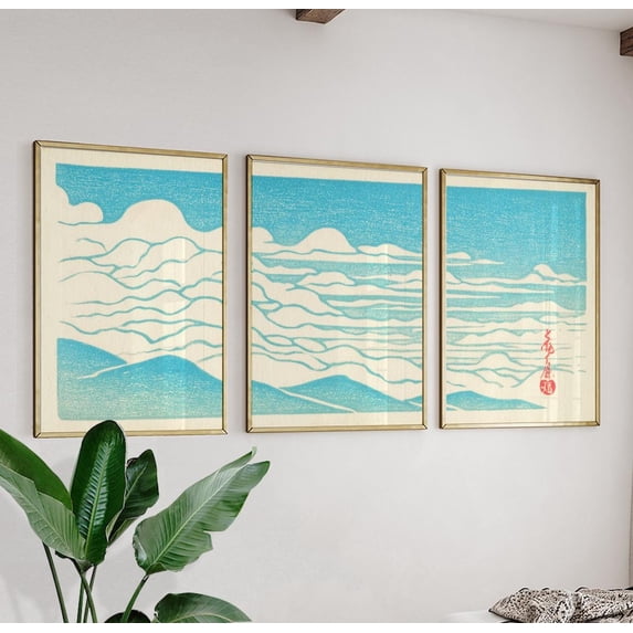 Blue Sky Landscape Japanese Style Cloud Modern Triptych Decor Art Set 3 ...
