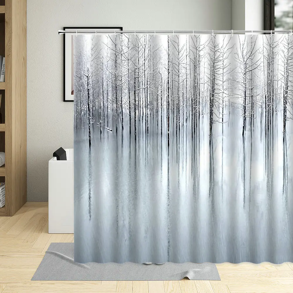 Blue Sky Landscape Shower Curtains Winter Snowflake Houses Tree Snow ...