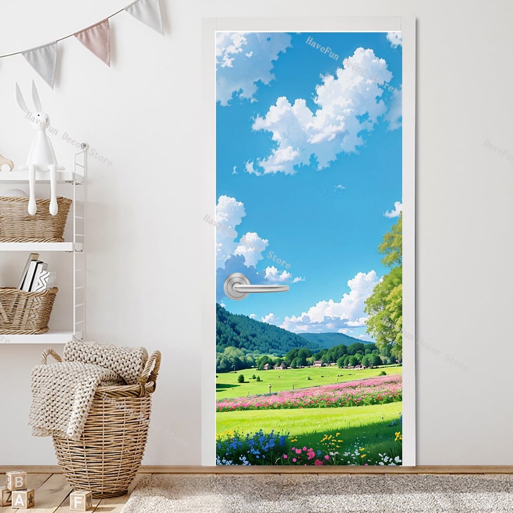 Blue Sky Natural Cloud Pattern Door Stickers Art Home ration Healing D ...