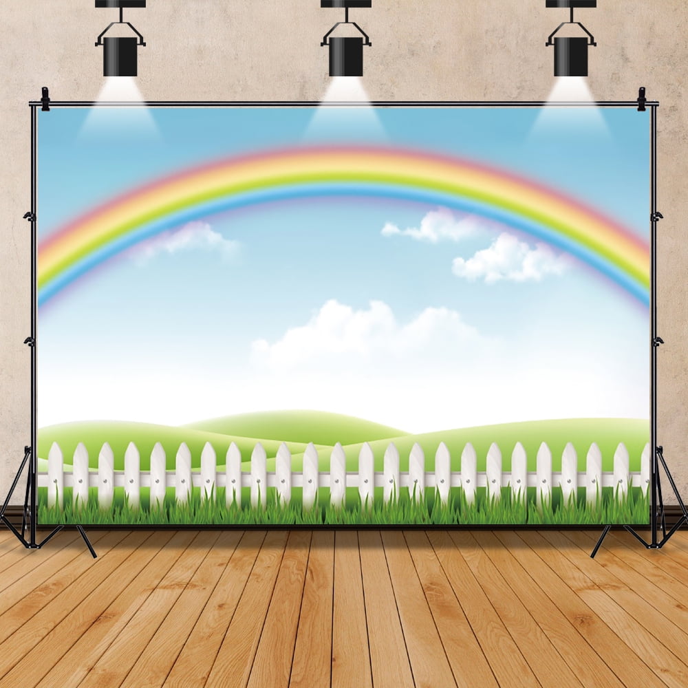 Blue Sky Newborn Birthday Background Cartoon White Cloud Fence Grass Baby Portrait Backdrop ...