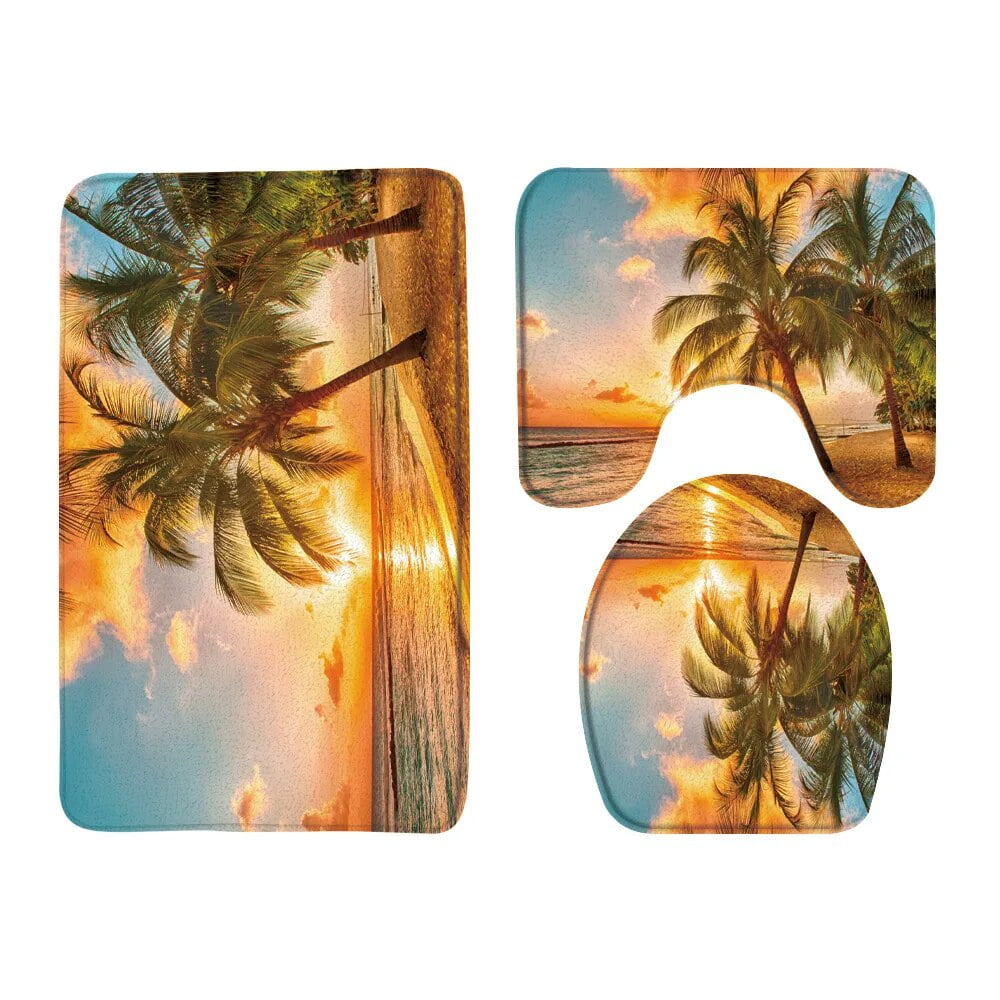 Blue Sky Ocean Palm Tree Landscape Bath Mat 3 Sets Scenery Entrance ...