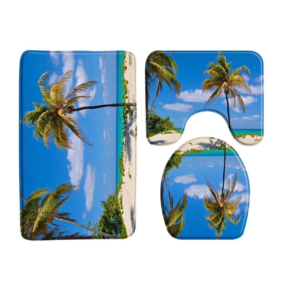 Blue Sky Ocean Palm Tree Landscape Bath Mat 3 Sets Scenery Entrance ...