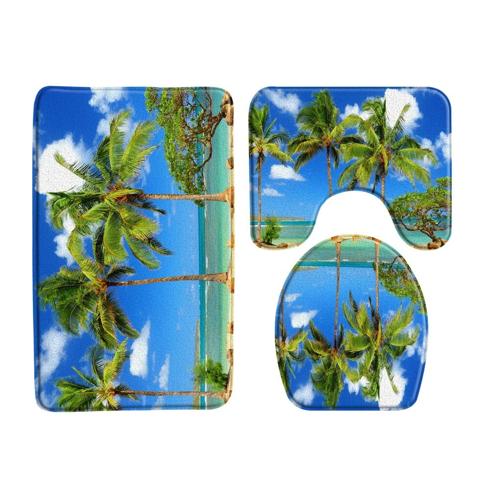 Blue Sky Ocean Palm Tree Landscape Bath Mat 3 Sets Scenery Entrance ...