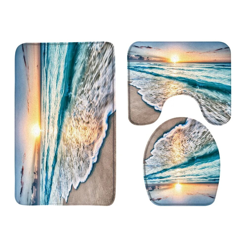 Blue Sky Ocean Palm Tree Landscape Bath Mat 3 Sets Scenery Entrance ...