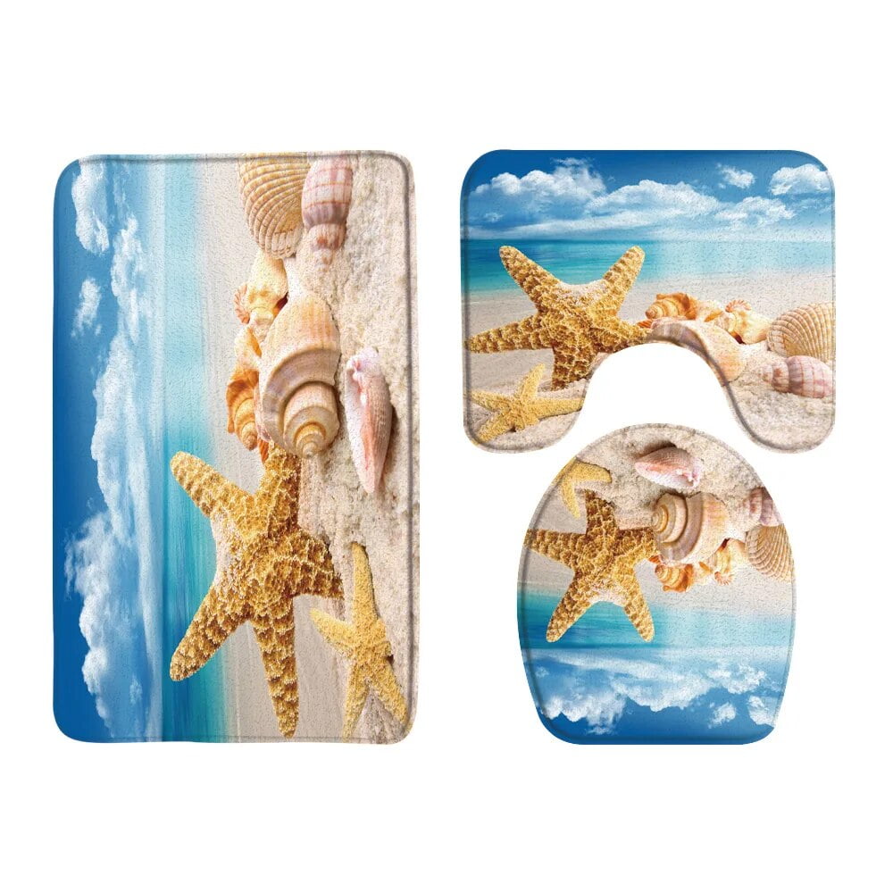Blue Sky Ocean Palm Tree Landscape Bath Mat 3 Sets Scenery Entrance ...