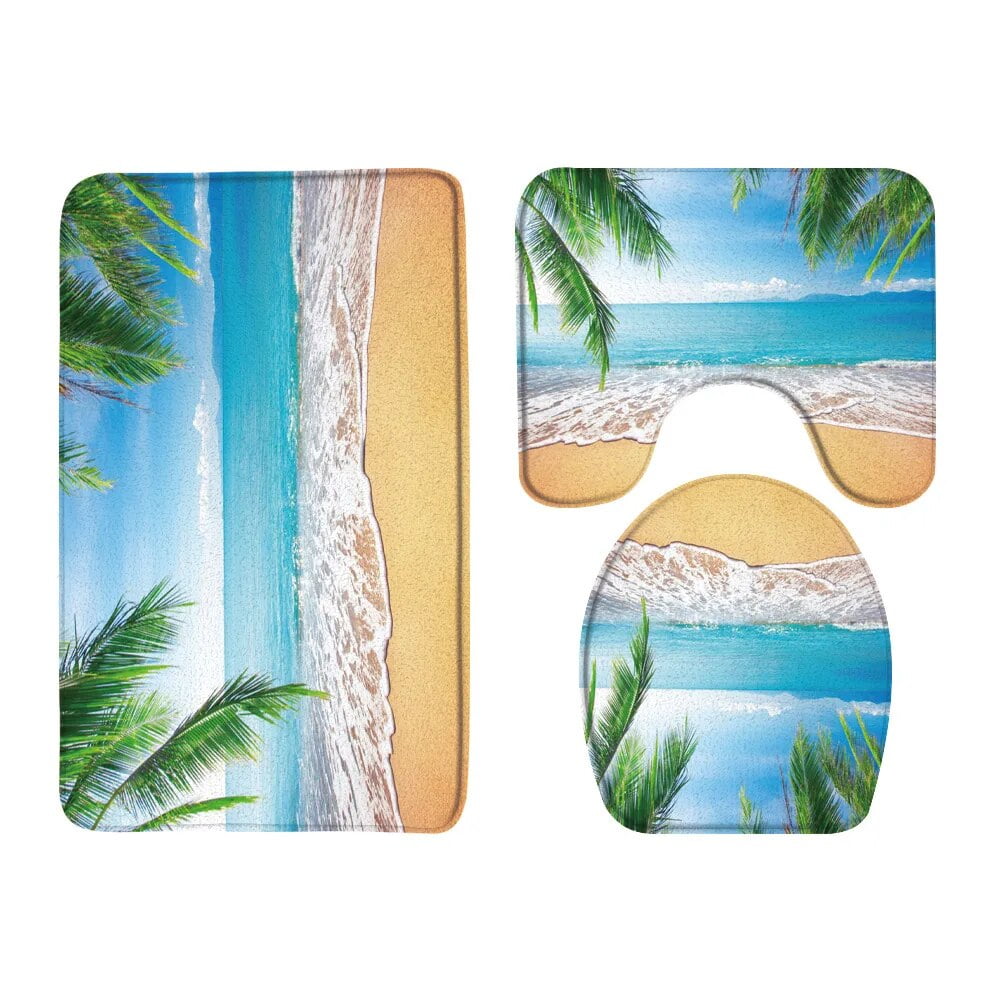 Blue Sky Ocean Palm Tree Landscape Bath Mat 3 Sets Scenery Entrance ...