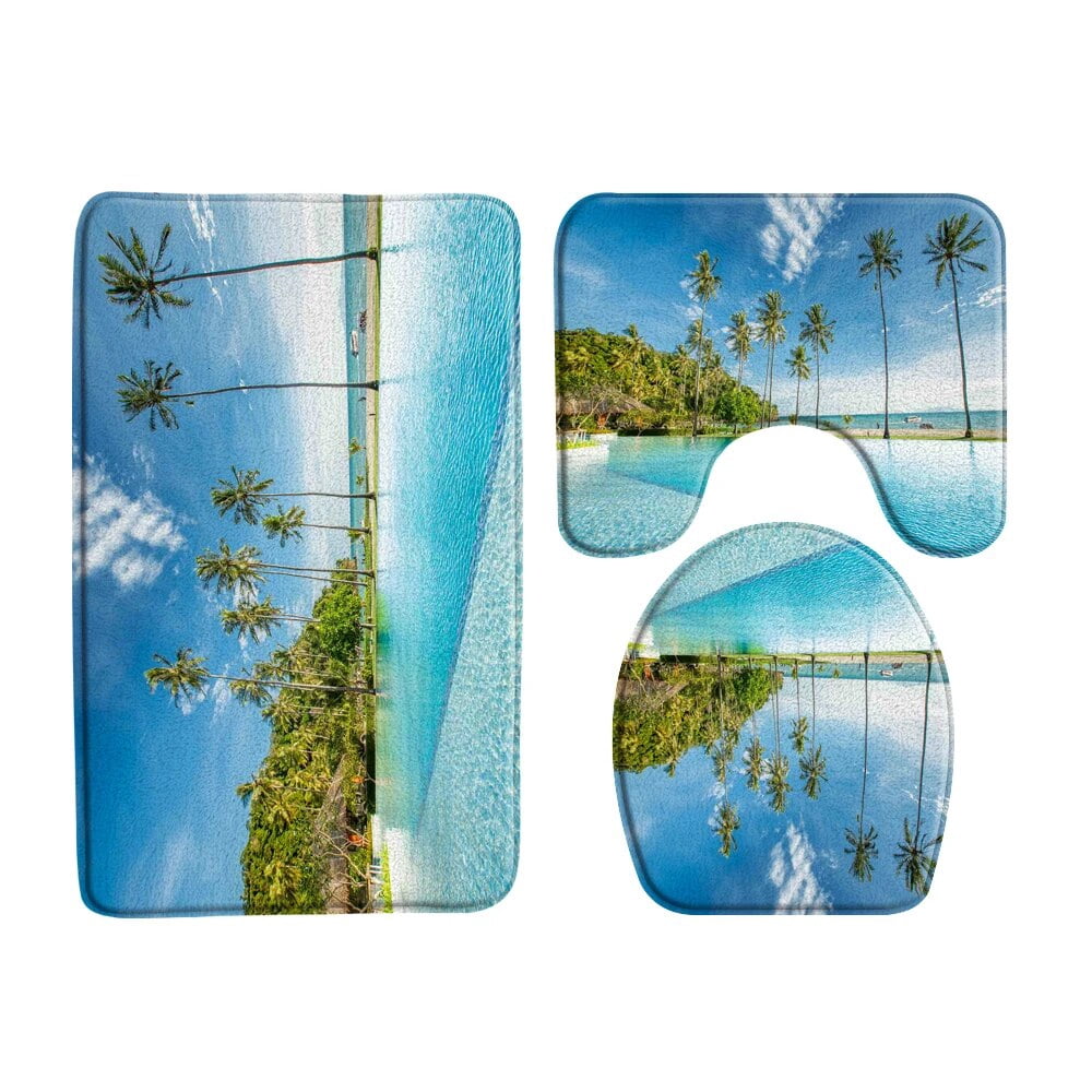 Blue Sky Ocean Palm Tree Landscape Bath Mat 3 Sets Scenery Entrance ...