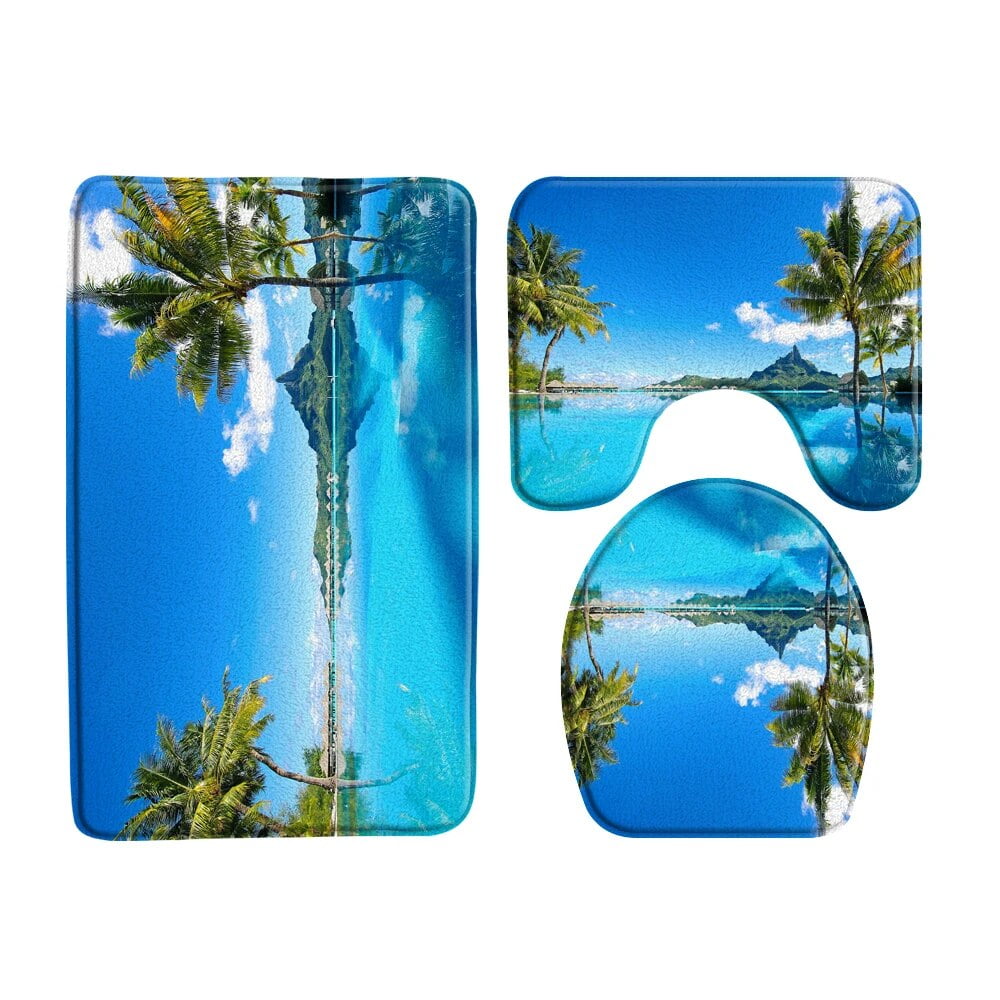 Blue Sky Ocean Palm Tree Landscape Bath Mat 3 Sets Scenery Entrance ...