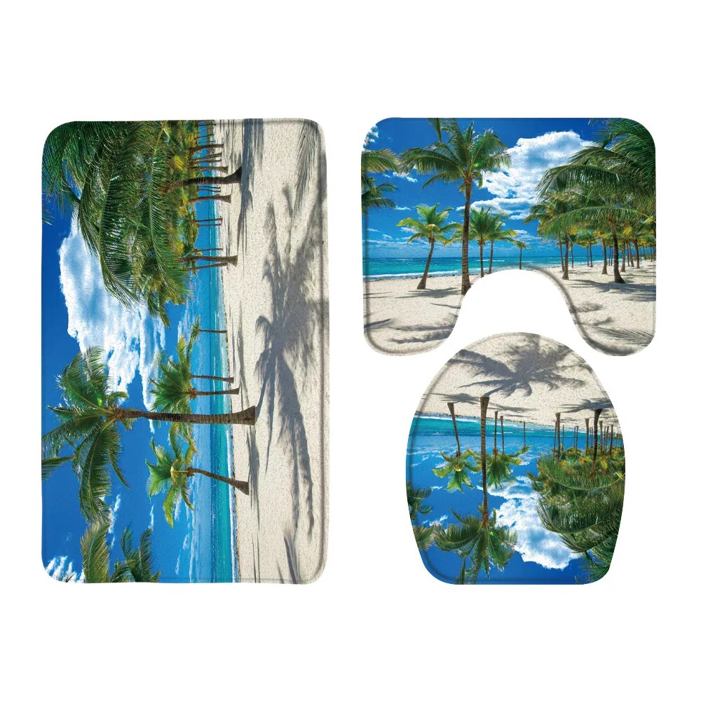 Blue Sky Ocean Palm Tree Landscape Bath Mat 3 Sets Scenery Entrance ...