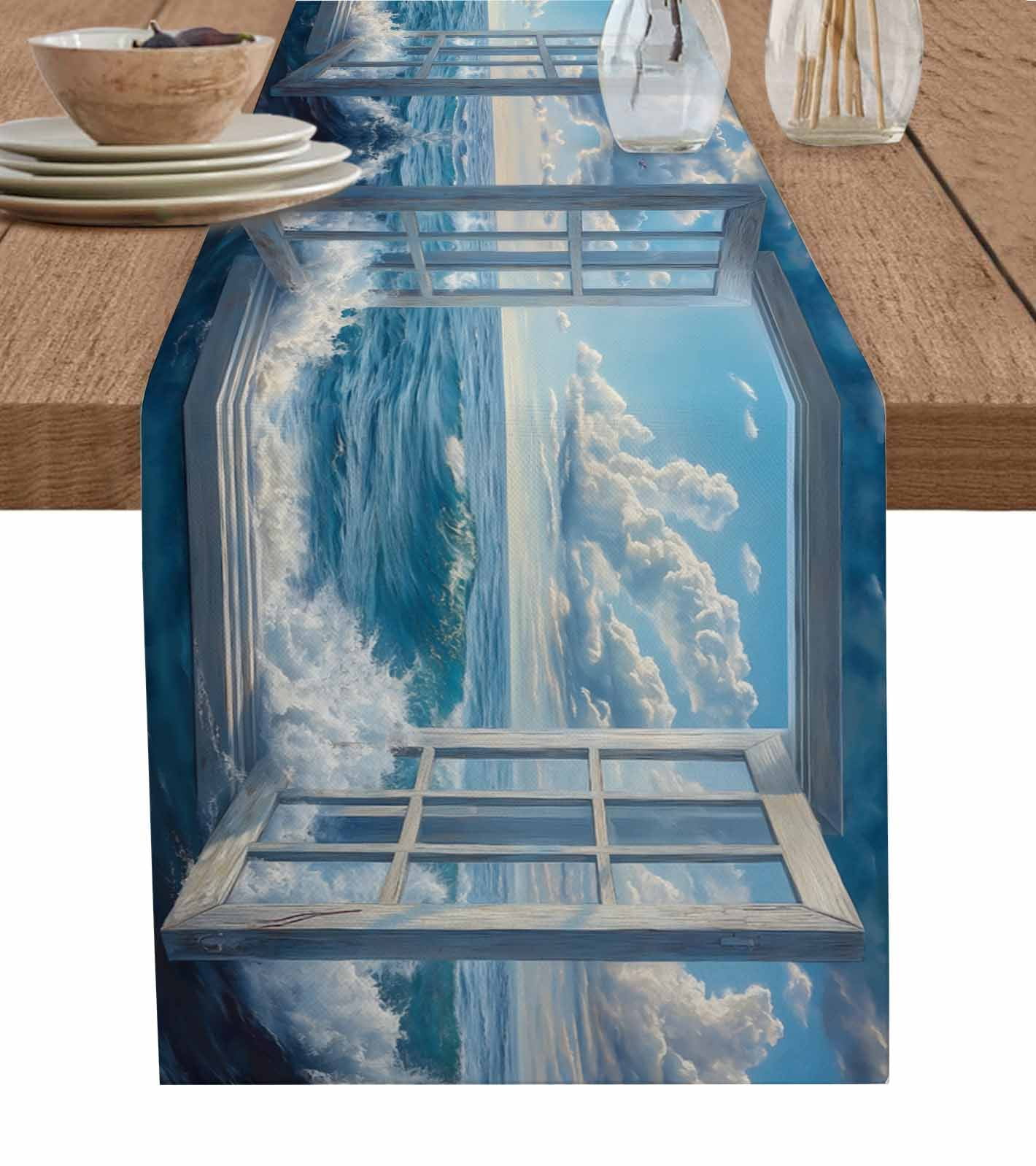 Blue Sky Ocean Table Runner Coastal Sea Waves Summer Window Scenery ...