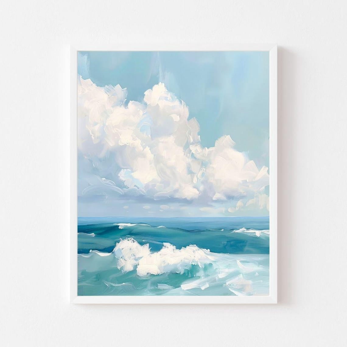 Blue Sky Ocean Waves Seascape Classic Coastal Painting Beach House Wall ...