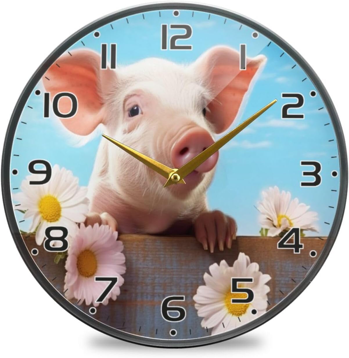 Blue Sky Pig Wall Clock Round Silent Non Ticking Battery Operated ...