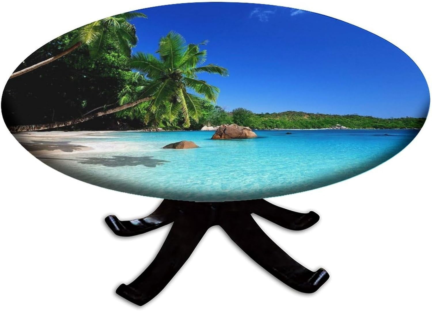 Blue Sky Round Fitted Table Cover, Sea Wave Plam Trees Elastic Edge ...