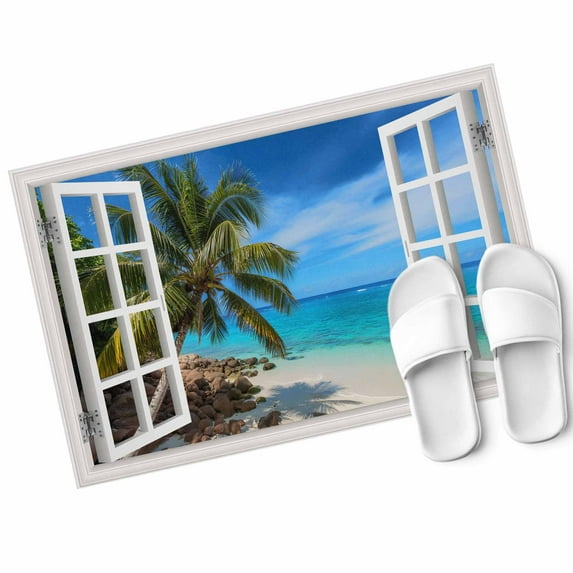 Blue Sky Sandy Beach Door Mat Coconut Trees Windows View Non Slip ...