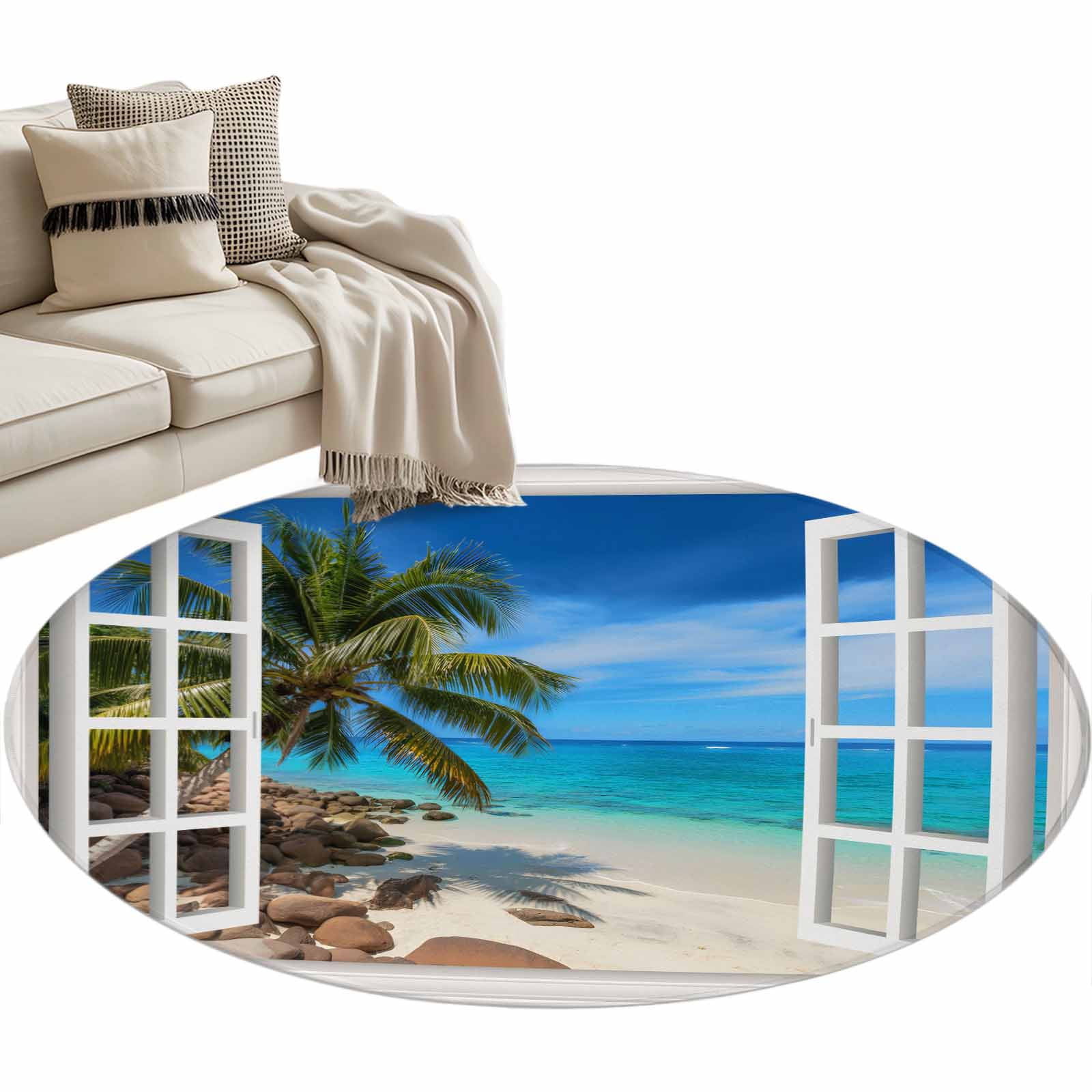Blue Sky Sandy Beach Round Area Rug 4ft Coconut Trees Windows View Non ...