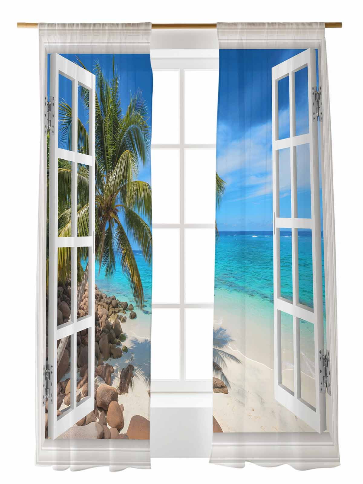 Blue Sky Sandy Beach Sheer Curtains 2 Panels Set Coconut Trees Windows ...