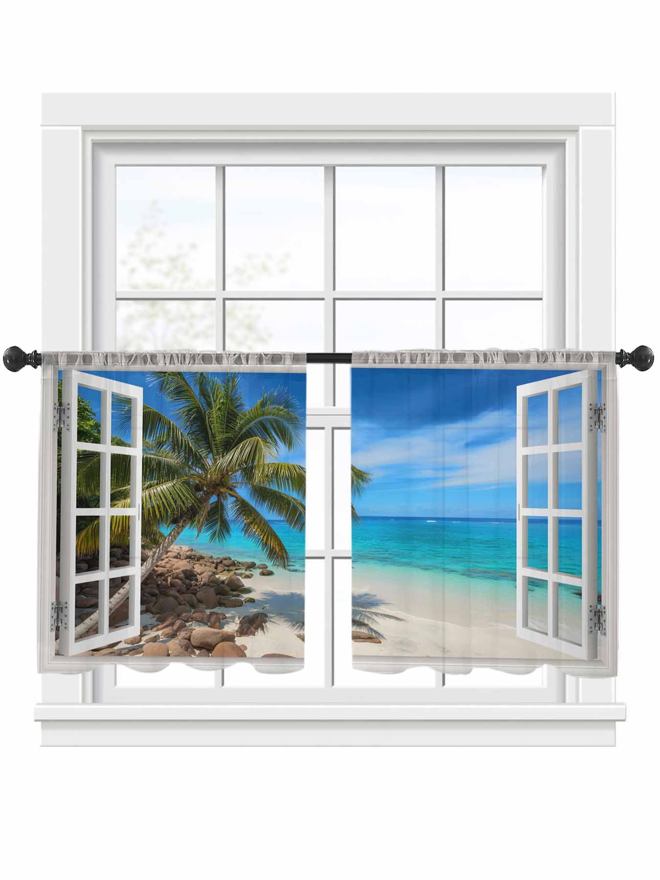 Blue Sky Sandy Beach Sheer Curtains 45 Inch Long 2 Panels, Coconut ...