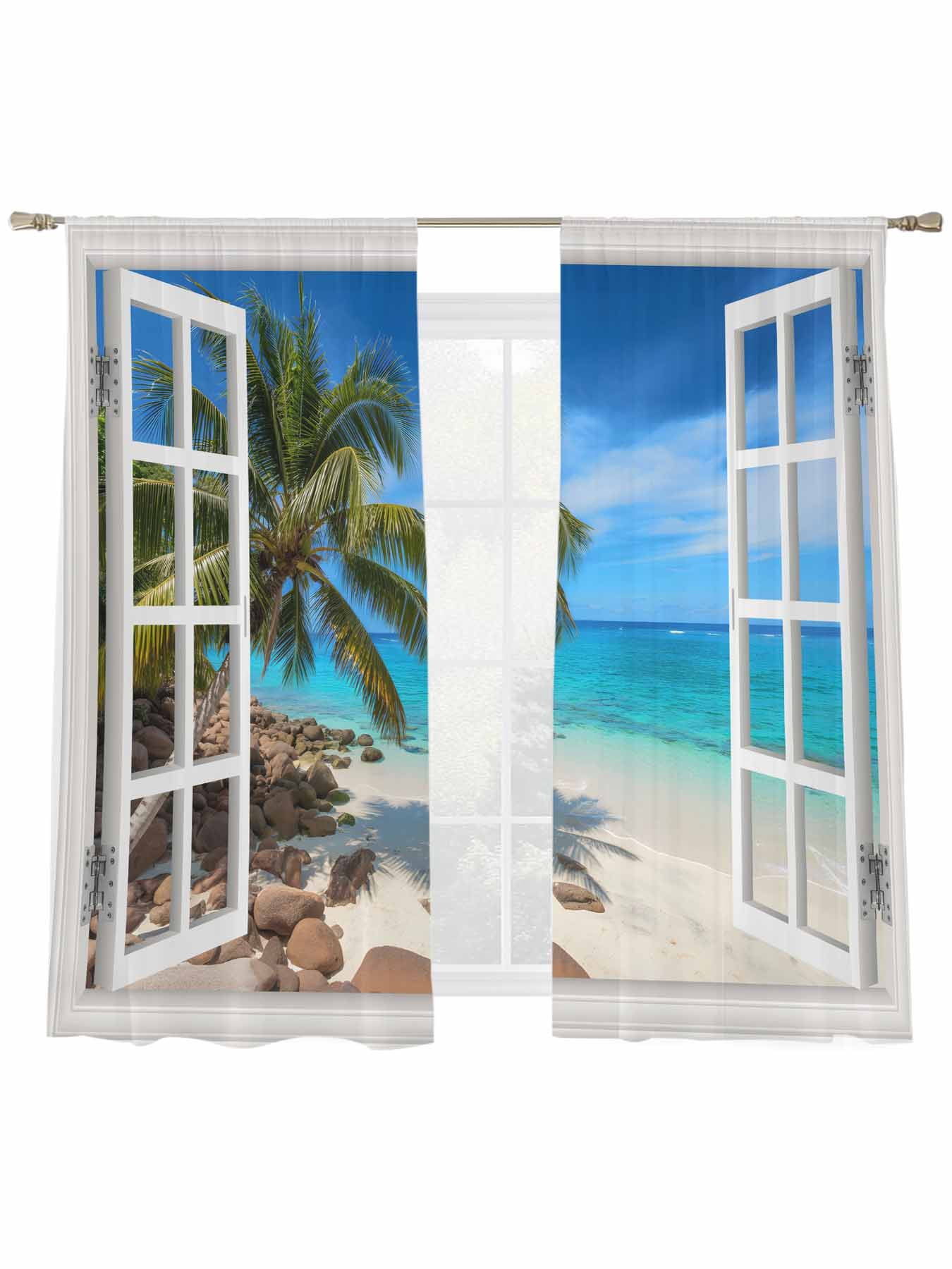 Blue Sky Sandy Beach Sheer Curtains 63 Inch Long 2 Panels, Coconut ...