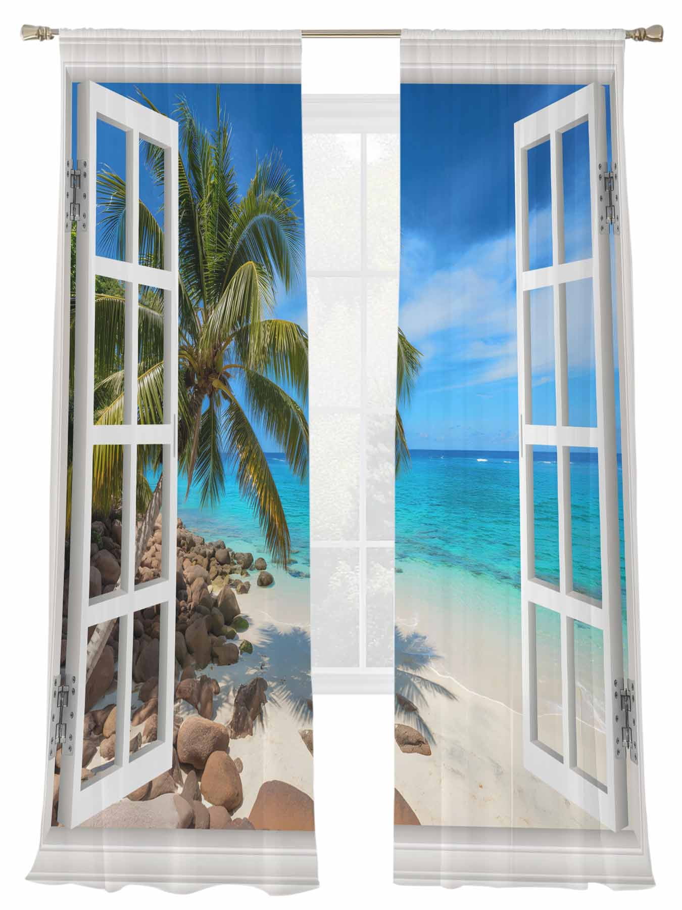 Blue Sky Sandy Beach Sheer Curtains 96 Inch Long 2 Panels, Coconut ...