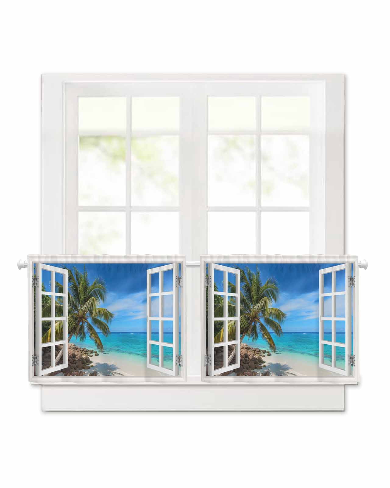 Blue Sky Sandy Beach Short Blackout Curtains 24 Inch Long Coconut Trees ...