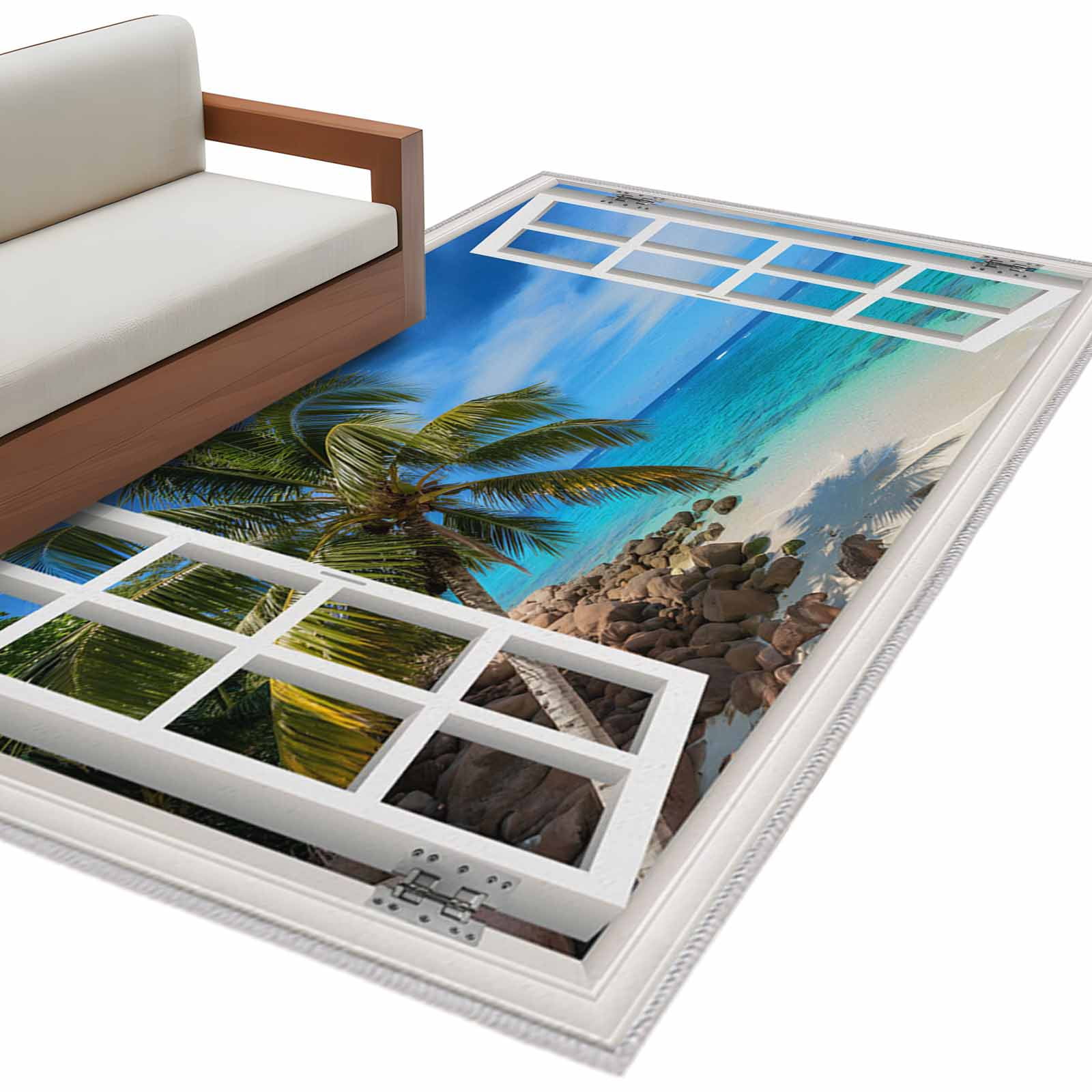 Blue Sky Sandy Beach Washable Area Rug 3x5ft Coconut Trees Windows View ...