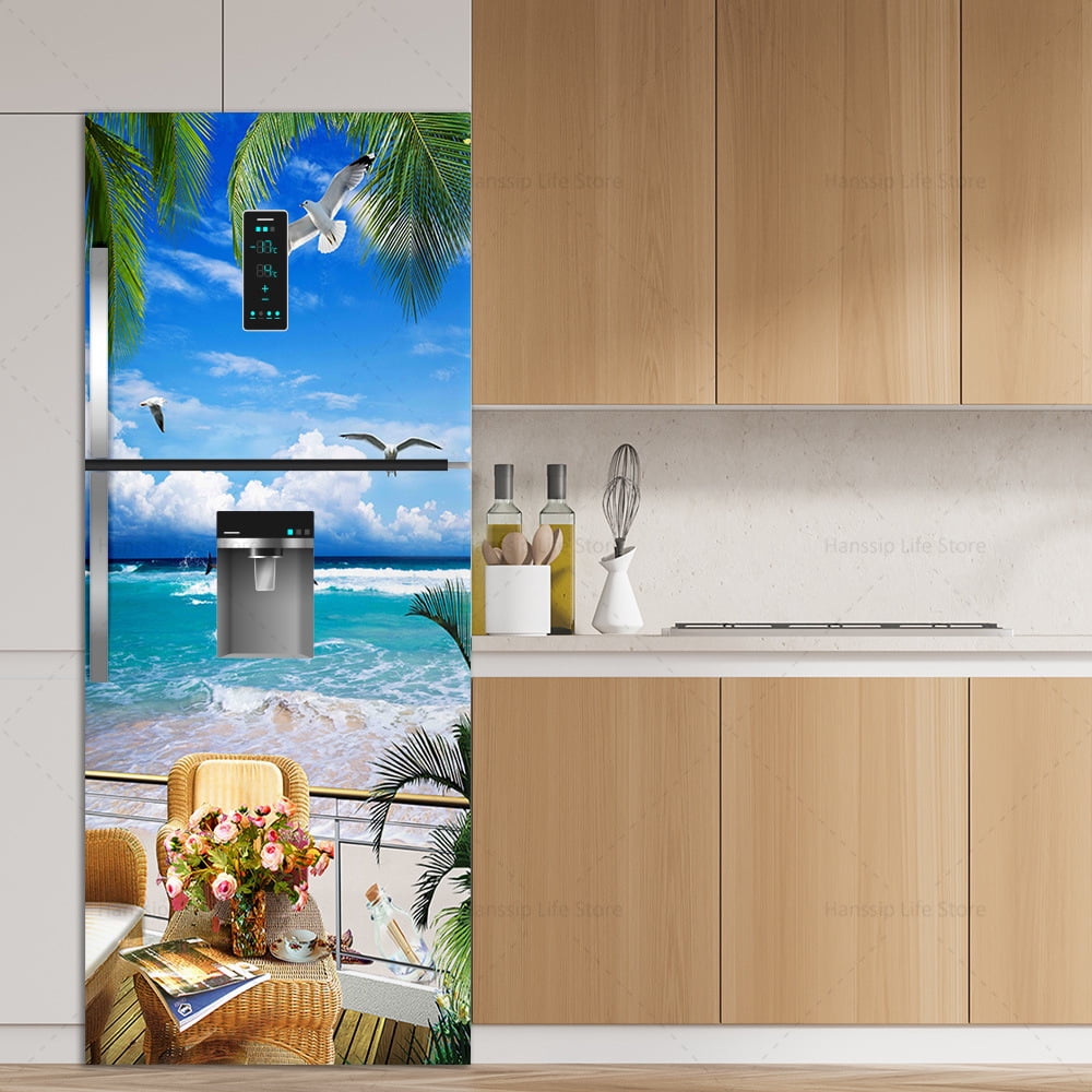 Blue Sky Sea Beach Fridge Door Wrap Mural Sticker Waterproof PVC Forest ...