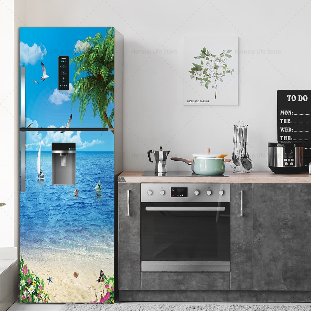 Blue Sky Sea Beach Fridge Door Wrap Mural Sticker Waterproof PVC Forest ...
