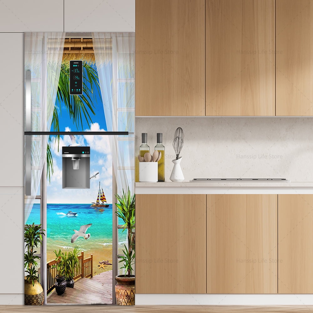 Blue Sky Sea Beach Fridge Door Wrap Mural Sticker Waterproof PVC Forest ...