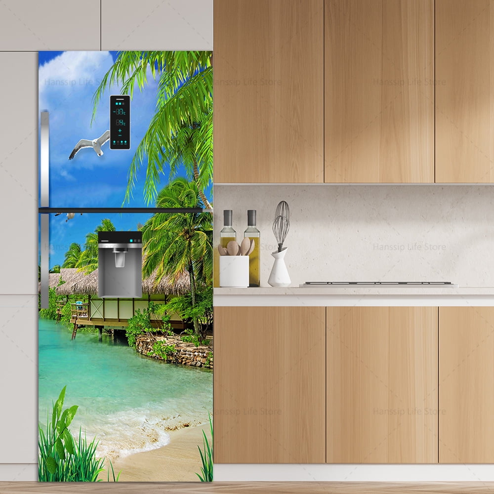 Blue Sky Sea Beach Fridge Door Wrap Mural Sticker Waterproof PVC Forest ...