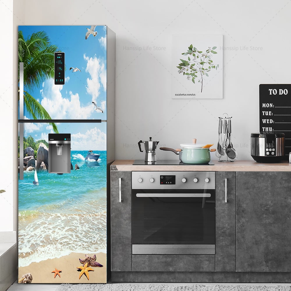 Blue Sky Sea Beach Fridge Door Wrap Mural Sticker Waterproof PVC Forest ...