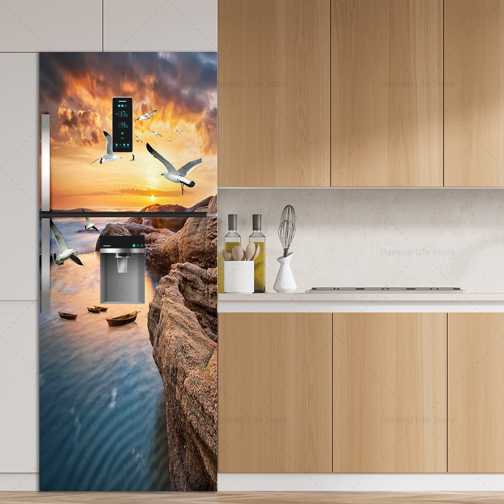 Blue Sky Sea Beach Fridge Door Wrap Mural Sticker Waterproof PVC Forest ...