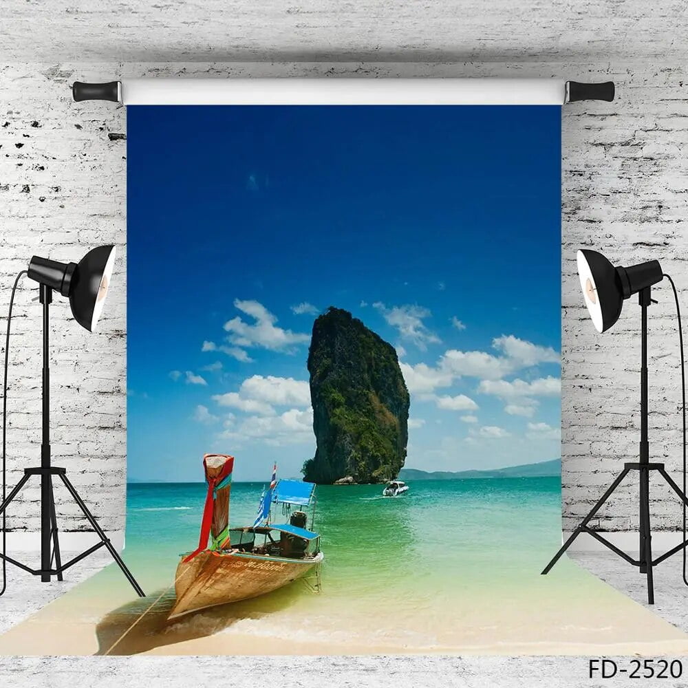 Blue Sky Sea Seaside Sandy Beach Boat Scenery Backdrop Vinyl ...