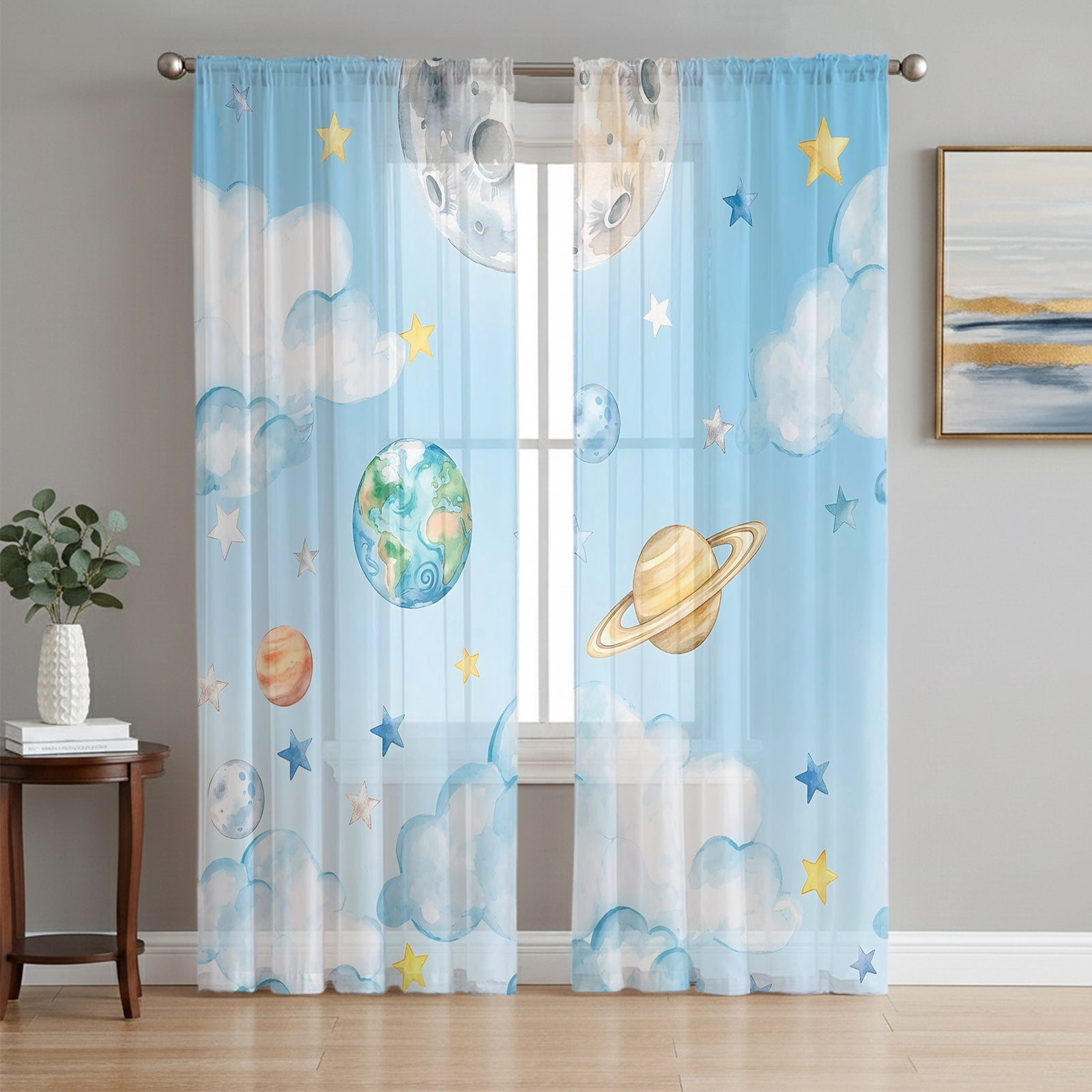 Blue Sky Sheer Curtains for Living Room Bedroom Cartoon Cute Planets ...