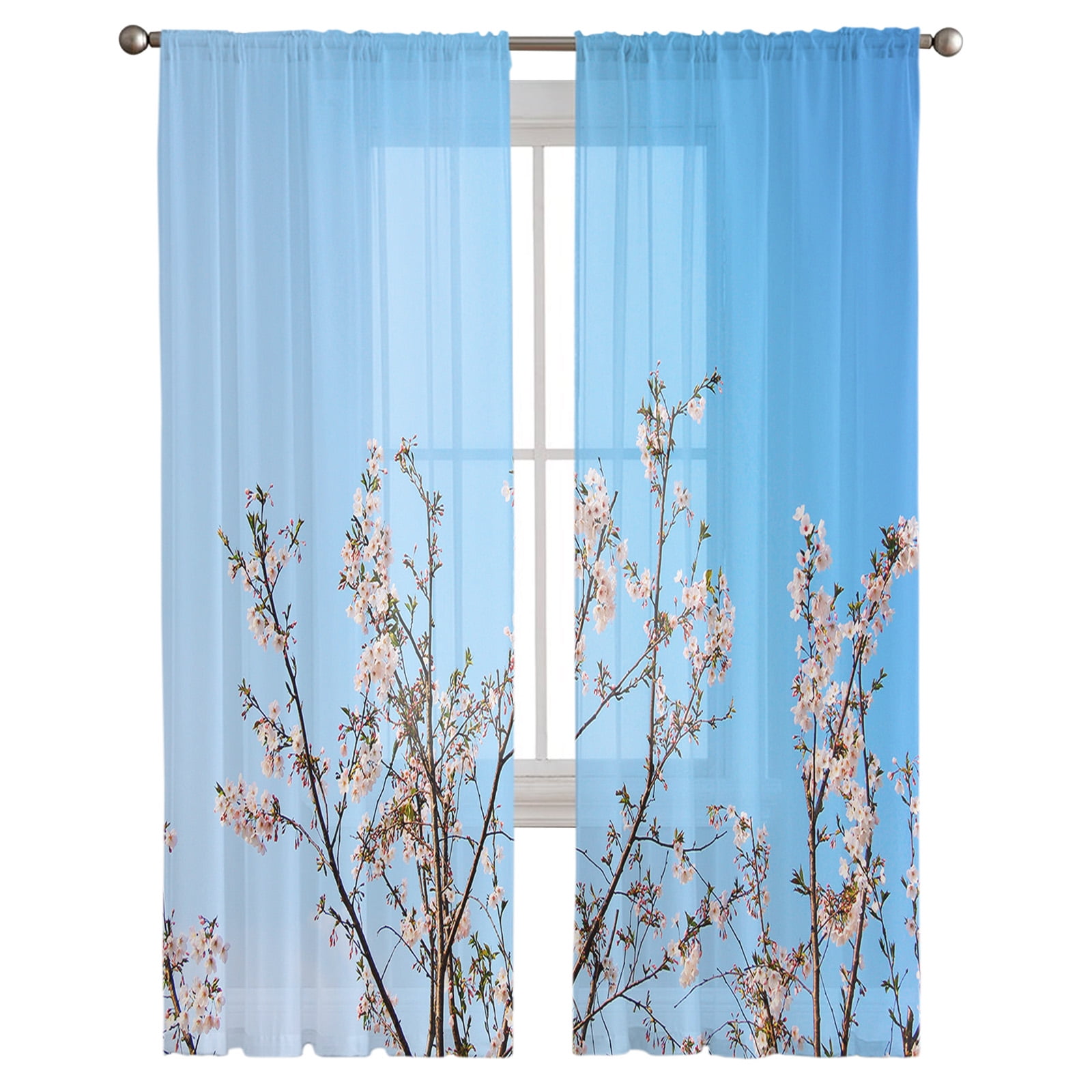 Blue Sky Spring Vitality Fresh Cherry Blossoms Sheer Curtains for ...