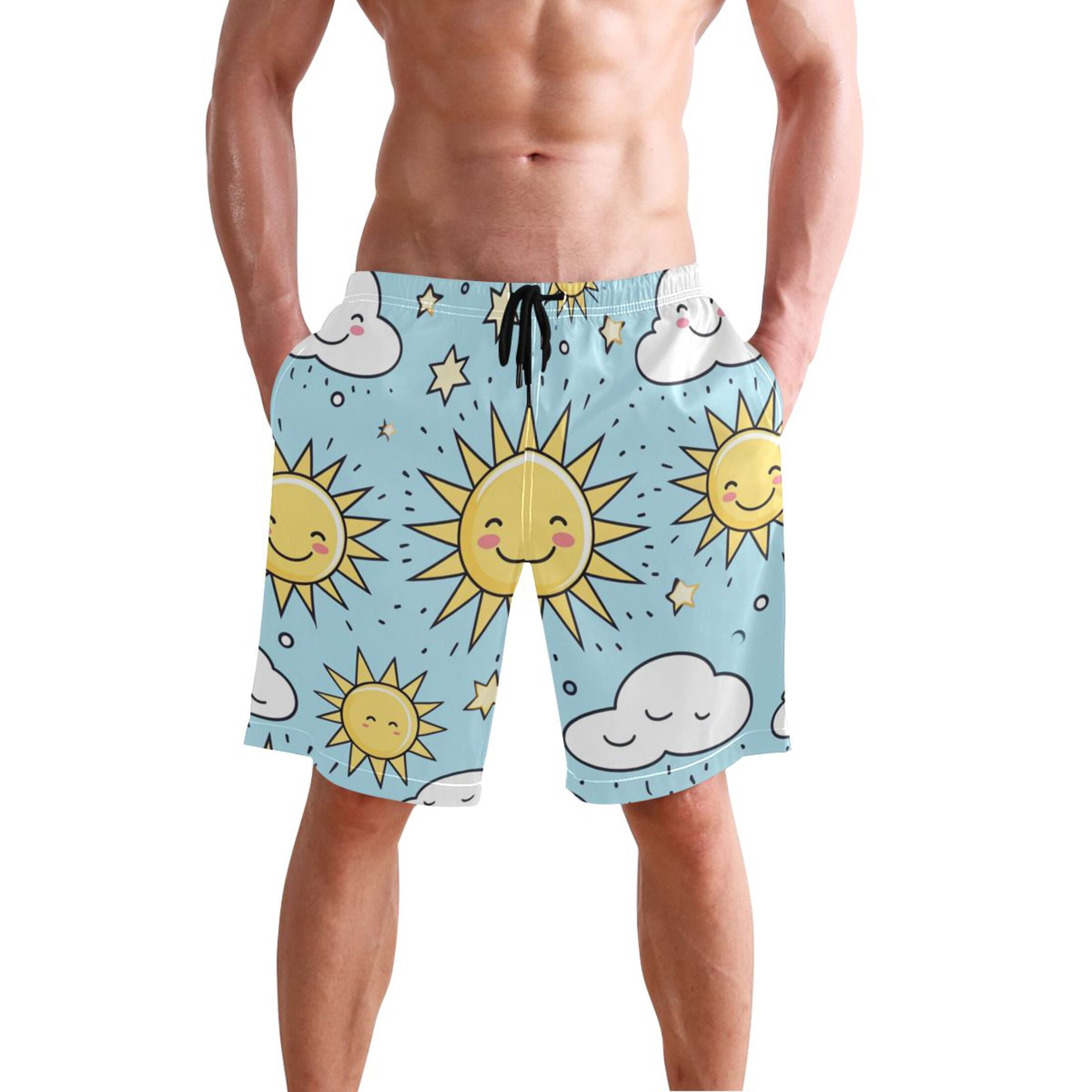 Blue Sky Sun Clouds Stars Cute Men's Swim Trunks Beach Shorts Bathing ...