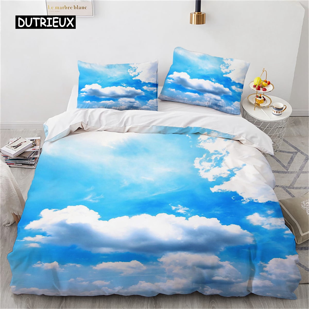 Blue Sky White Clouds Duvet Cover Microfiber Natural Scenery Flowers ...